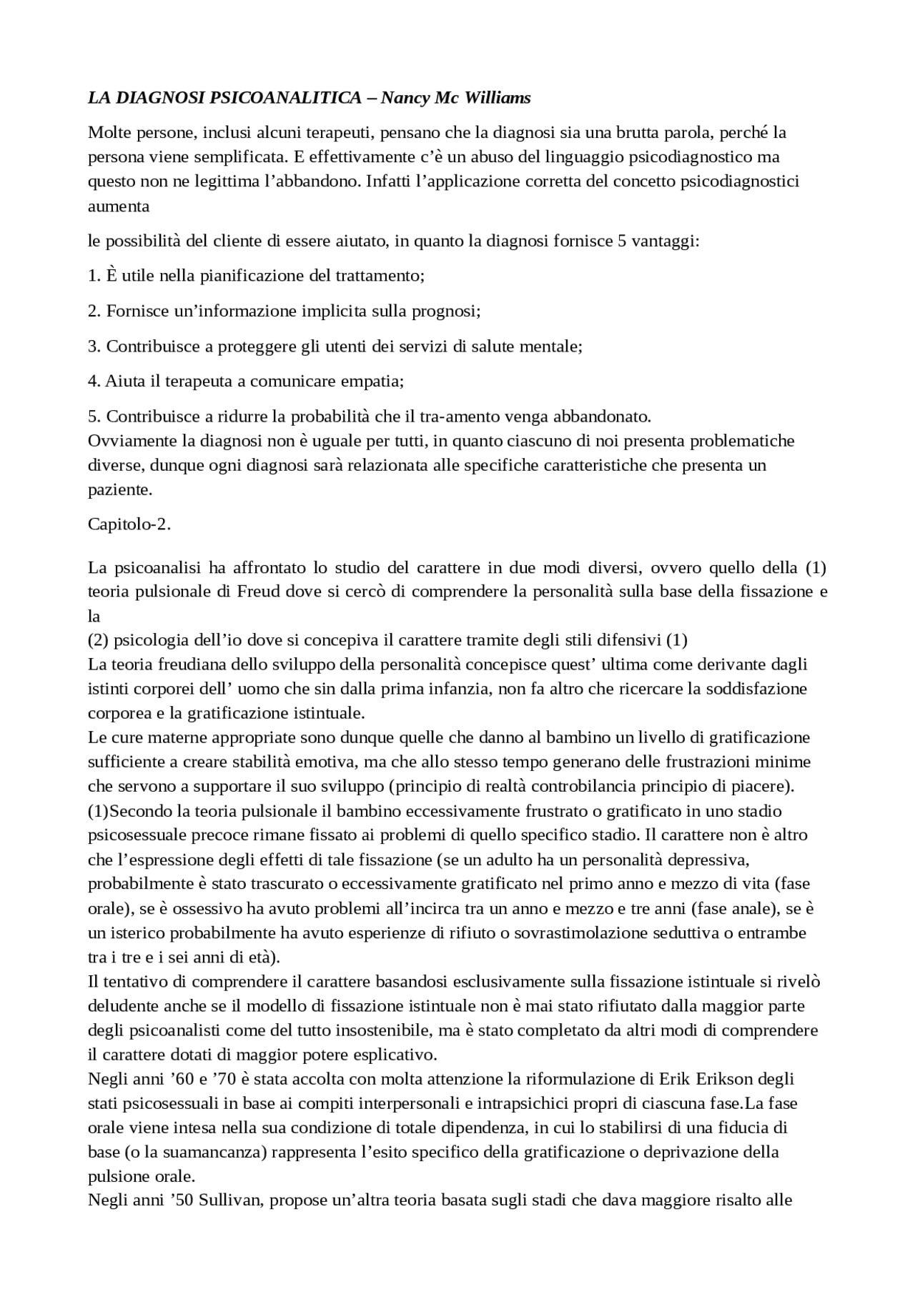 La Diagnosi Psicoanalitica Di Nancy Mc Williams Docsity