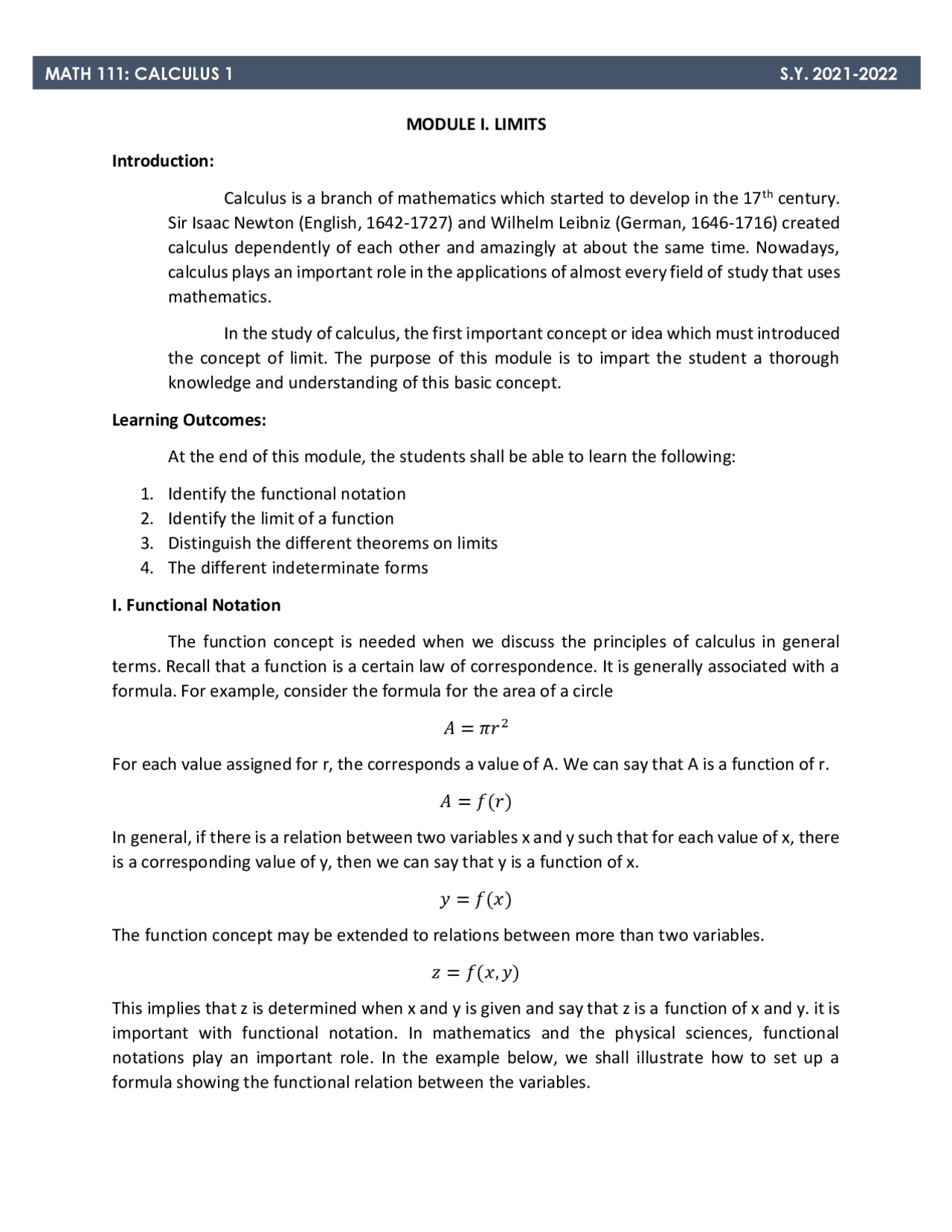 Limits of a function - Docsity