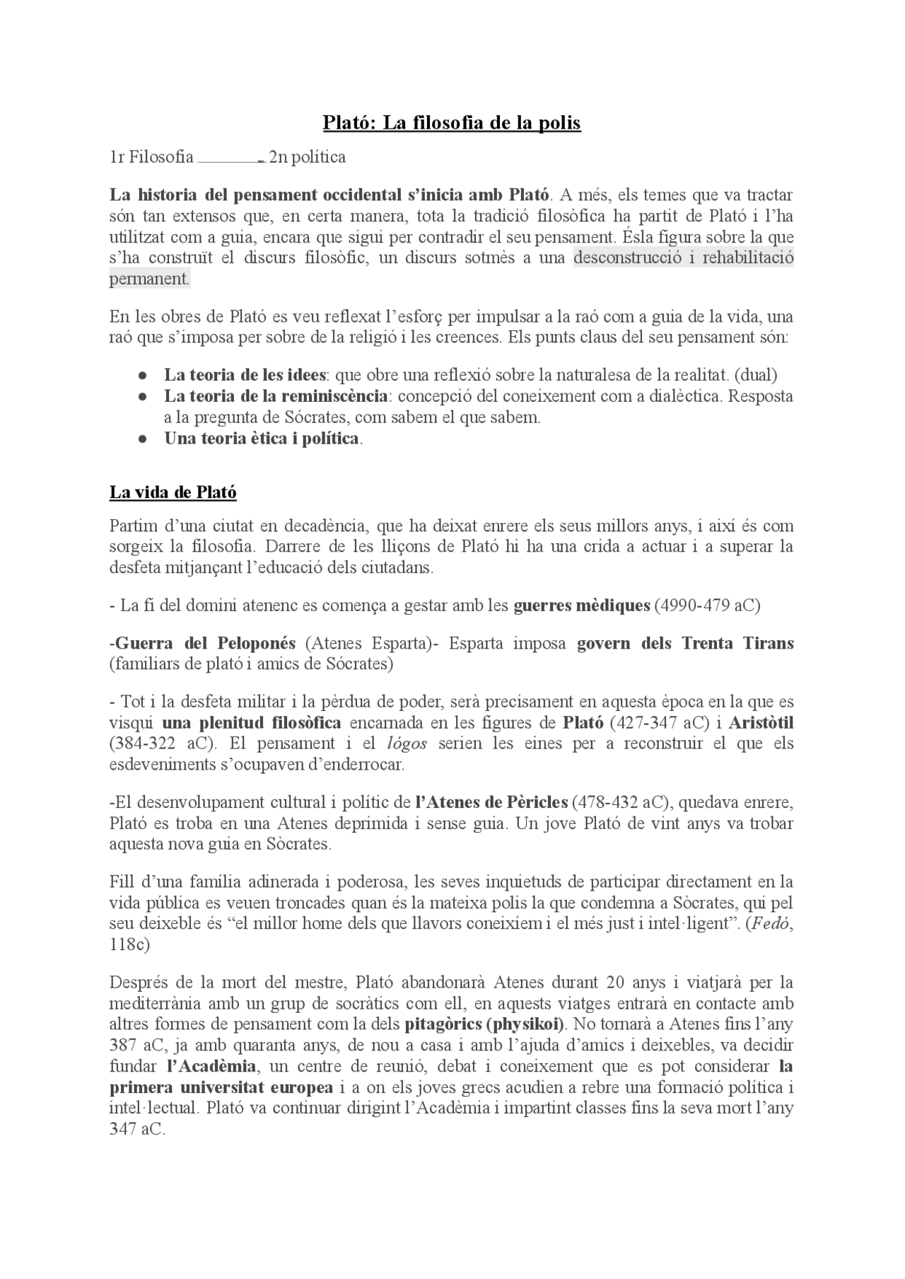 Apuntes Bachillerato Tema 3 PlatÓn Docsity