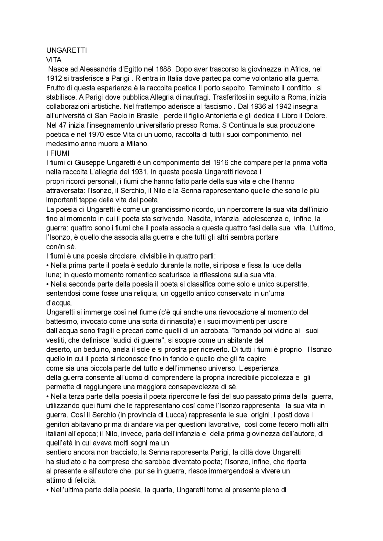 Ungaretti Schema Su Vita E Opere Docsity