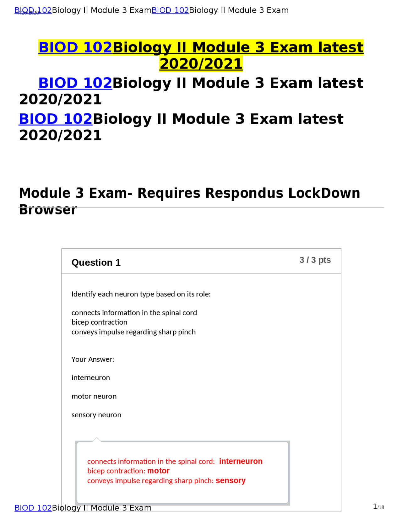 BIOD 102Biology II Module 3 Exam latest 2020/2021 - Docsity
