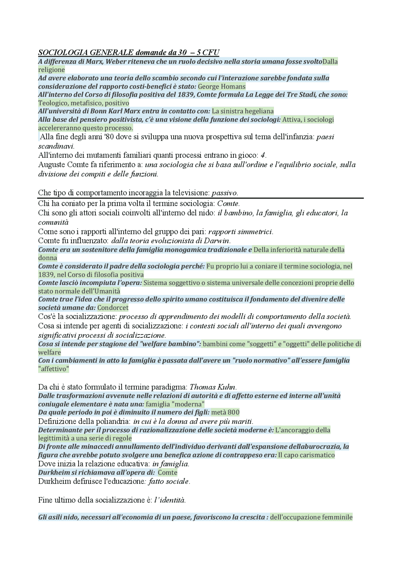 Sociologia Generale Domande Da 30 5 Cfu Docsity