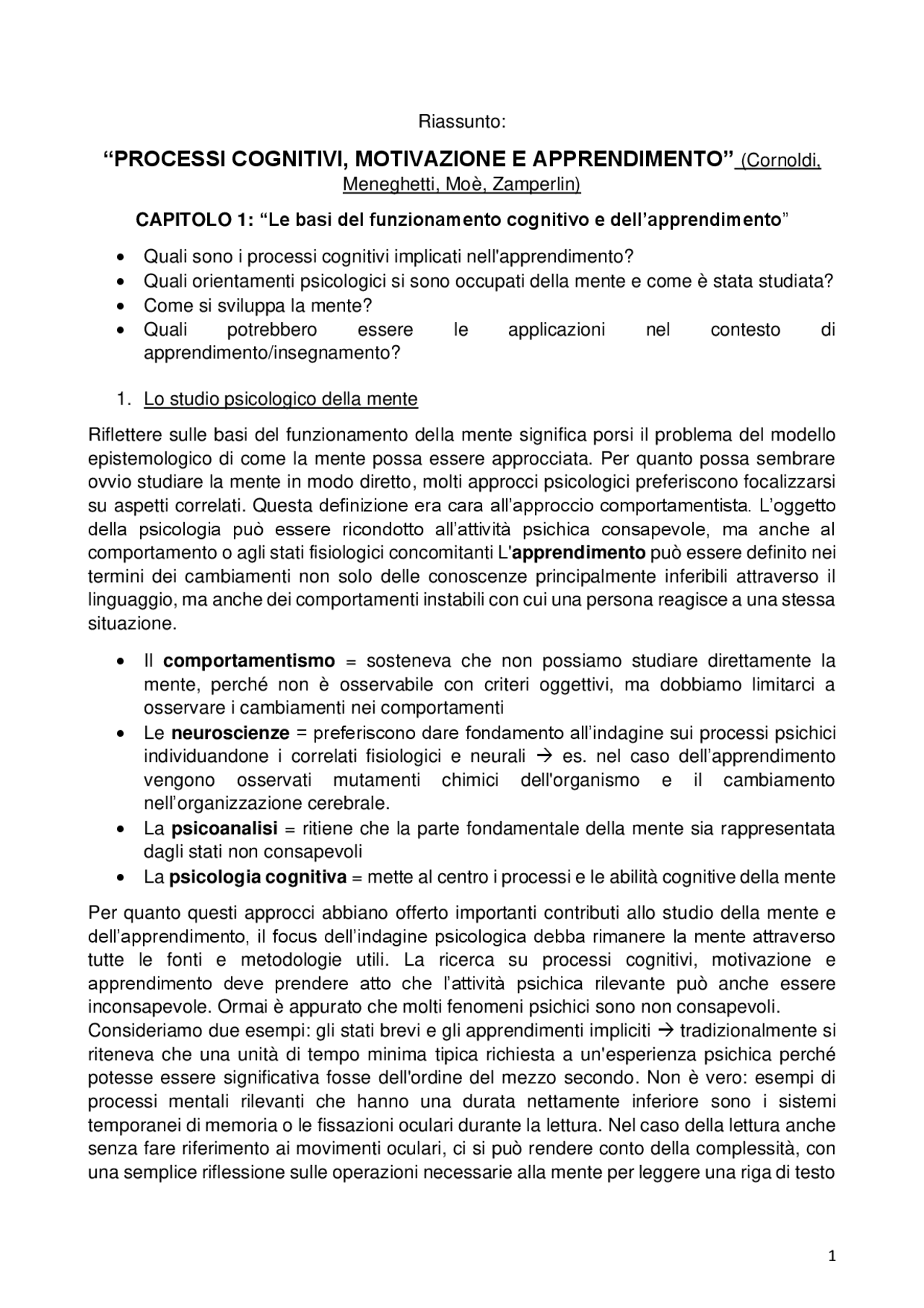 Processi Cognitivi Motivazione E Apprendimento Summaries Of