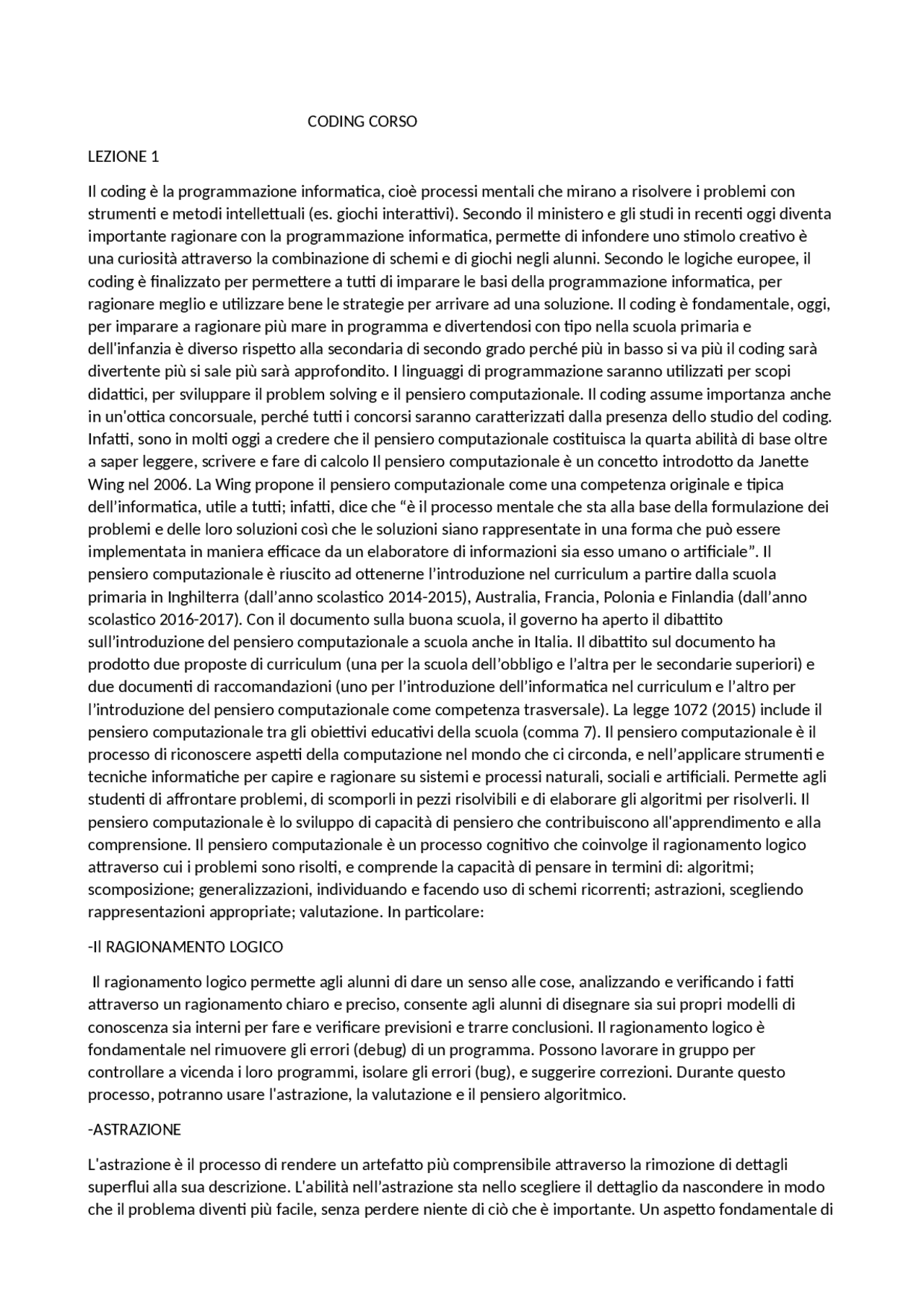 Riassunto Corso Coding 200 Ore Docsity