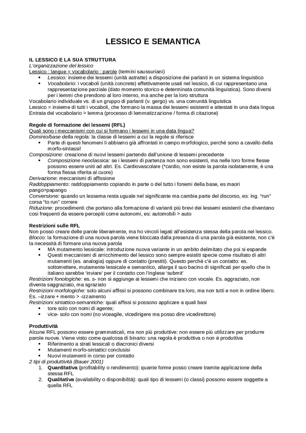 Il Lessico E La Semantica Docsity