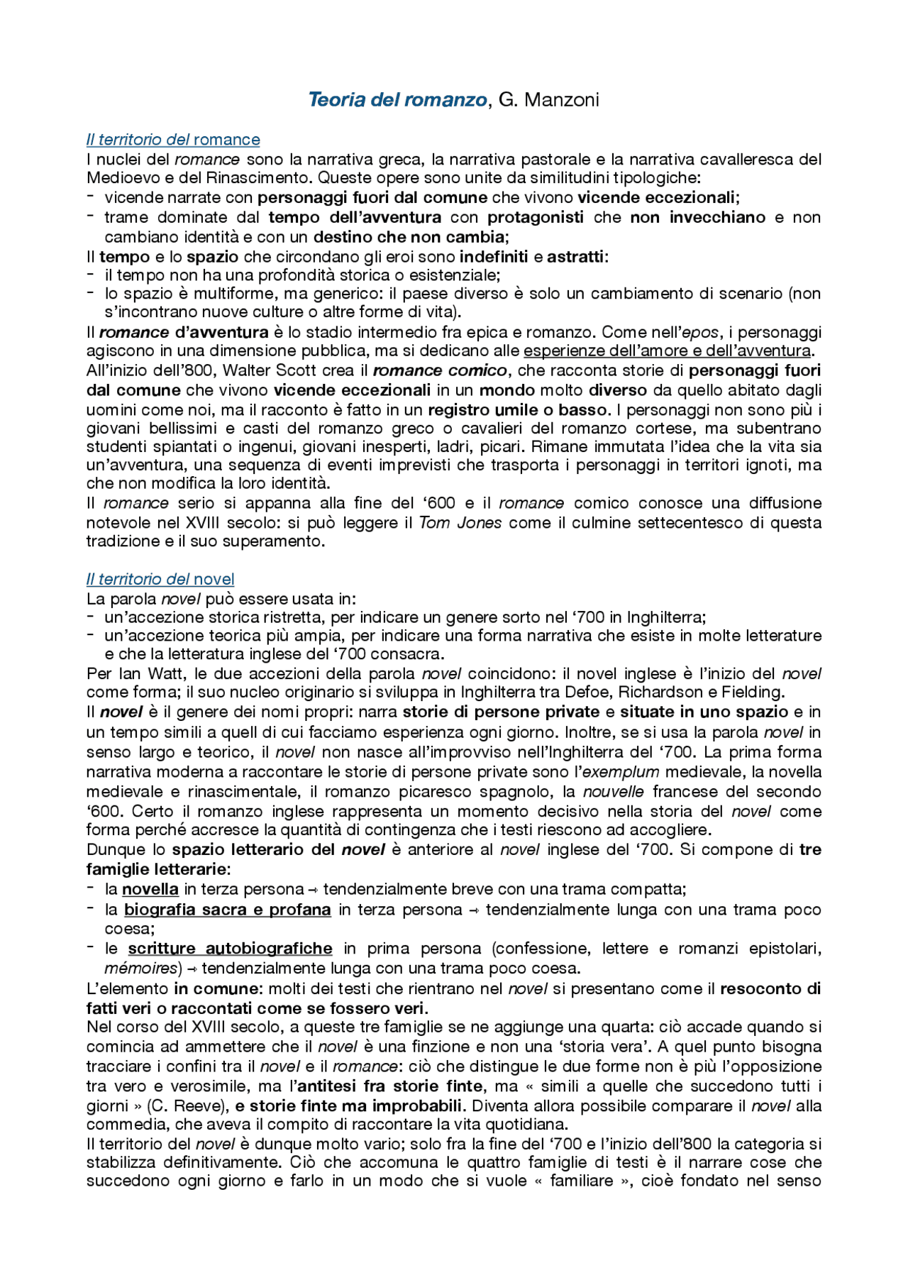 Riassunto 'Teoria del Romanzo' di G. Manzoni - Docsity