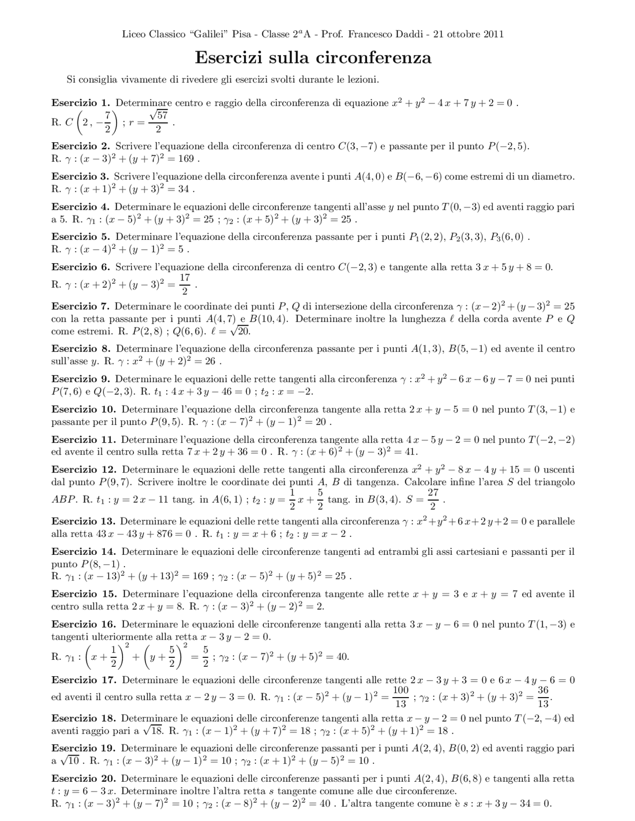 Esercizi Sulla Circonferenza Esercizi Di Matematica Docsity
