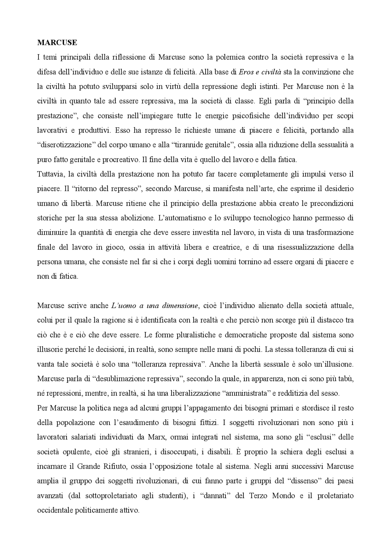 Riassunti Marcuse Arendt E Benjamin Docsity