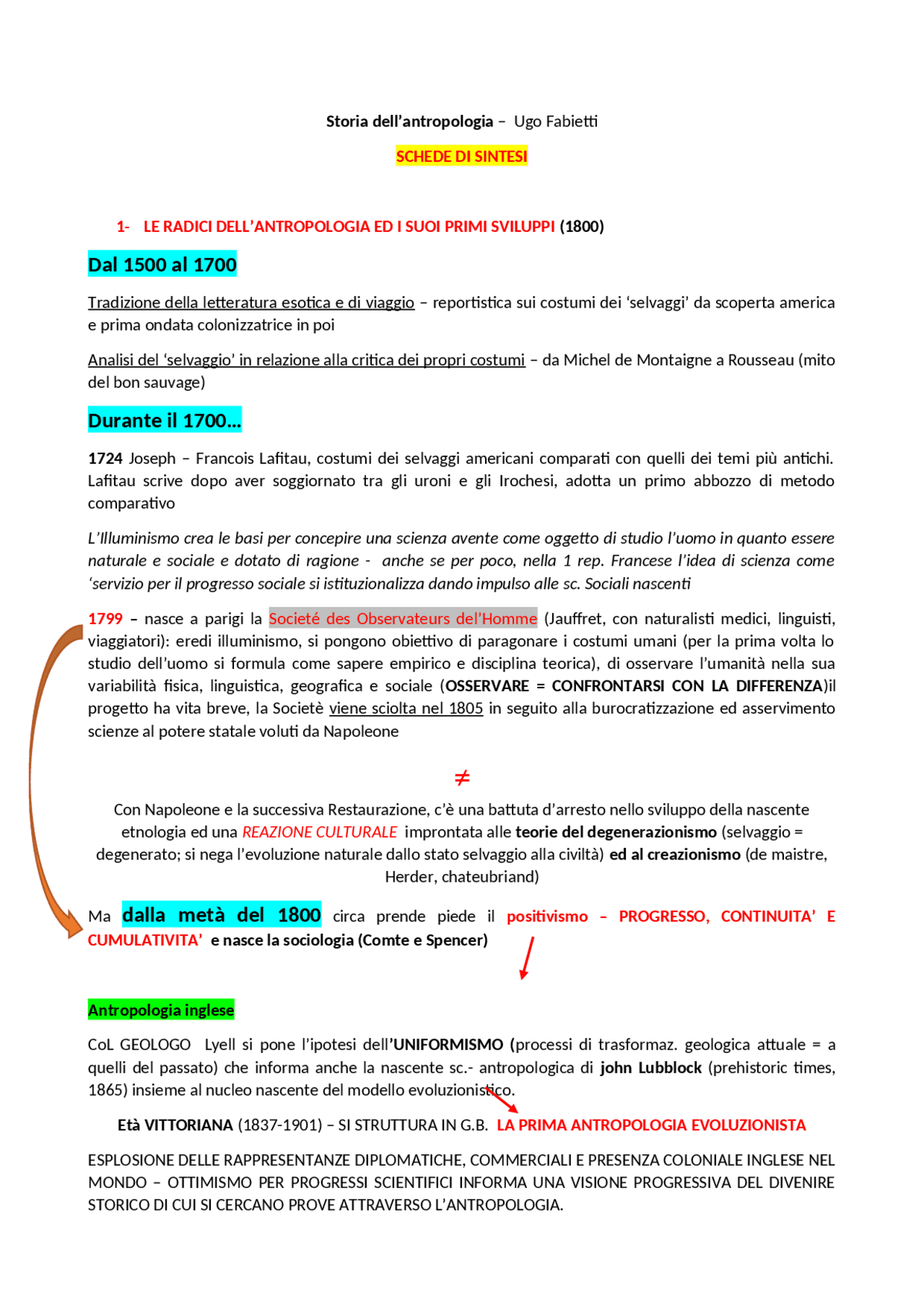 Storia Dellantropologia U Fabietti Sintesi Docsity
