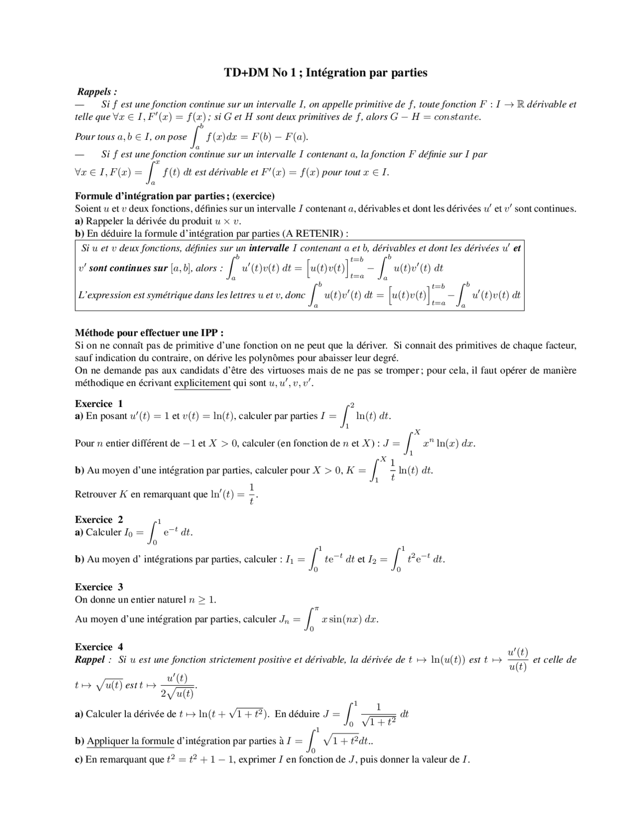 Formule d’integration par parties + exercice - Docsity