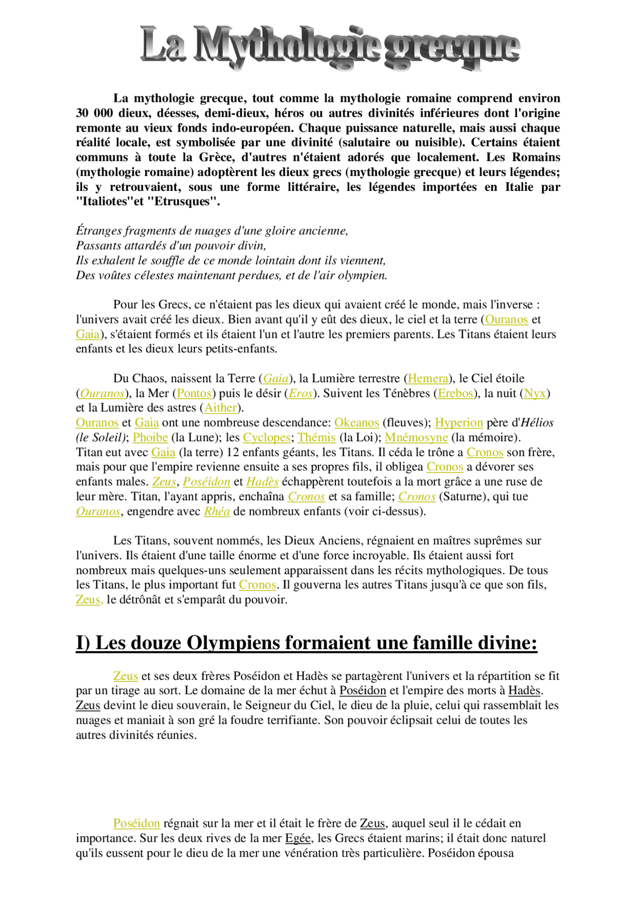 Histoire De La Mythologie Grecque Résumés Histoire Docsity