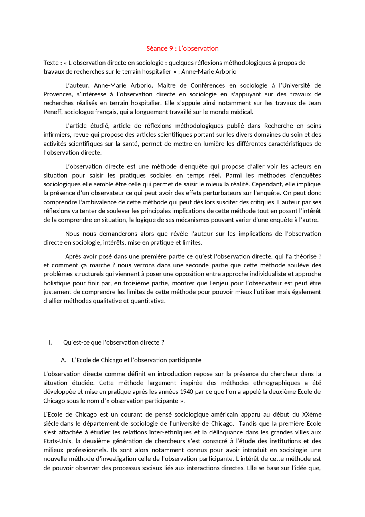 Observation directe sur le terrain hospitalier exposé 2021 - Docsity