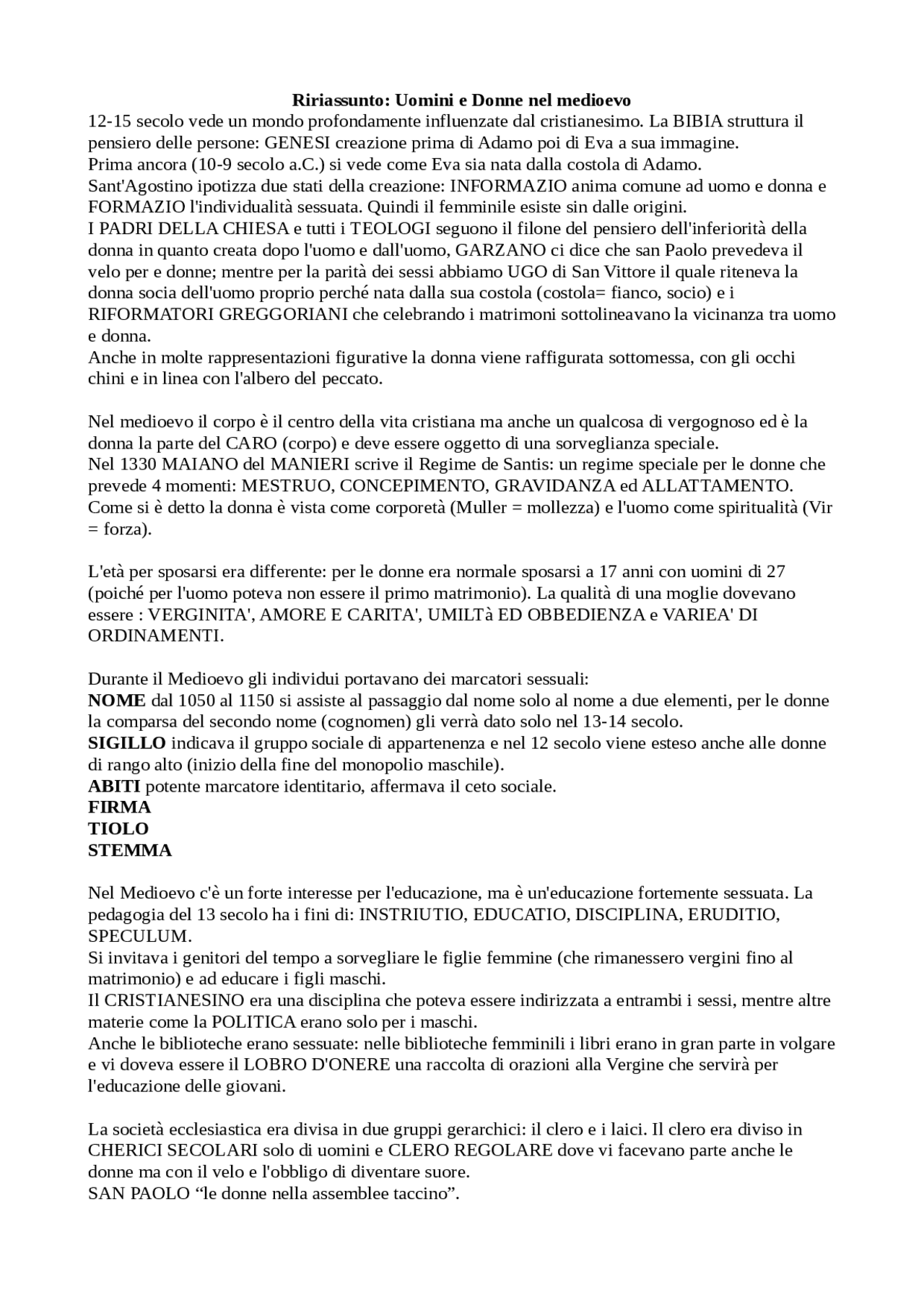 Uomini E Donne Nel Medioevo Docsity