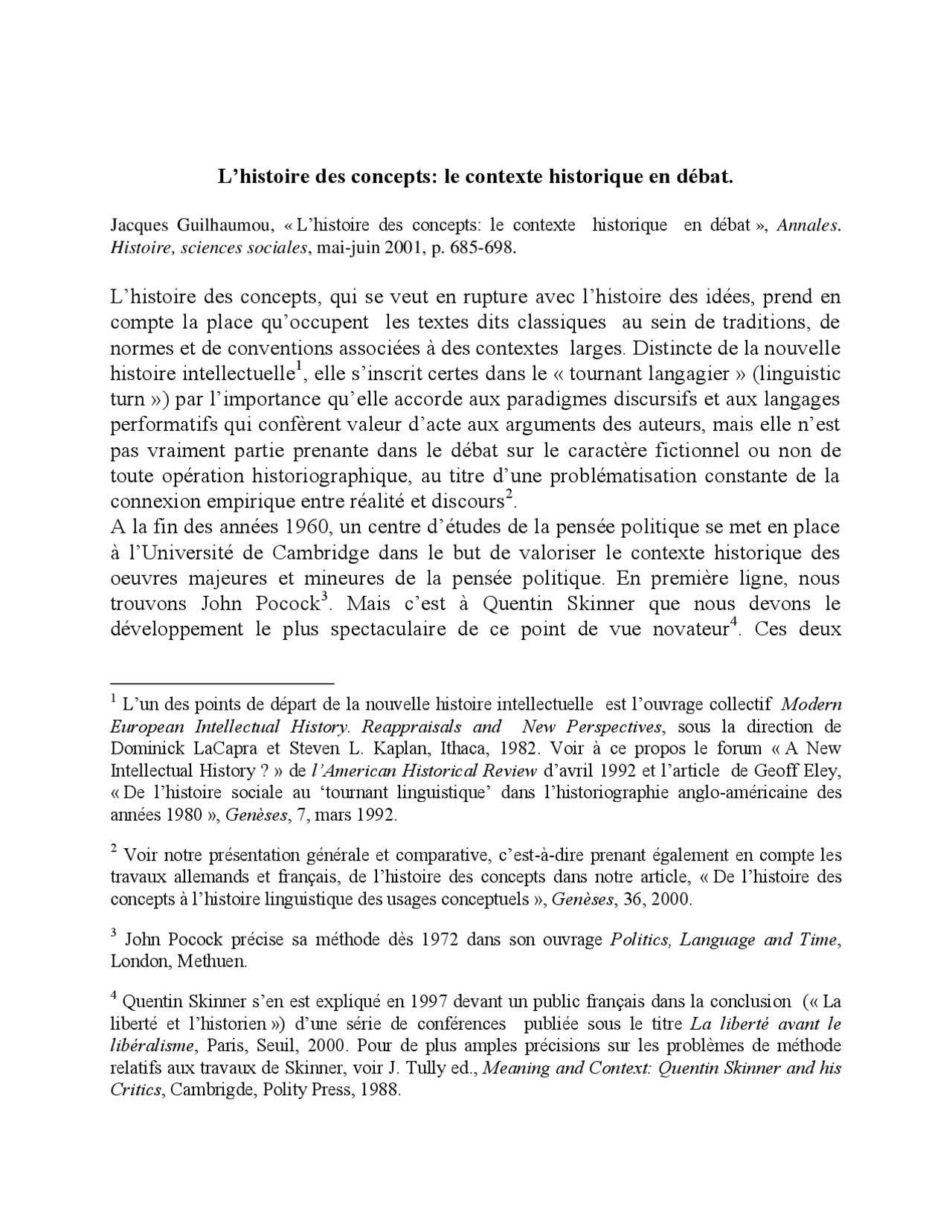 L’histoire des concepts: le contexte historique en débat - Docsity