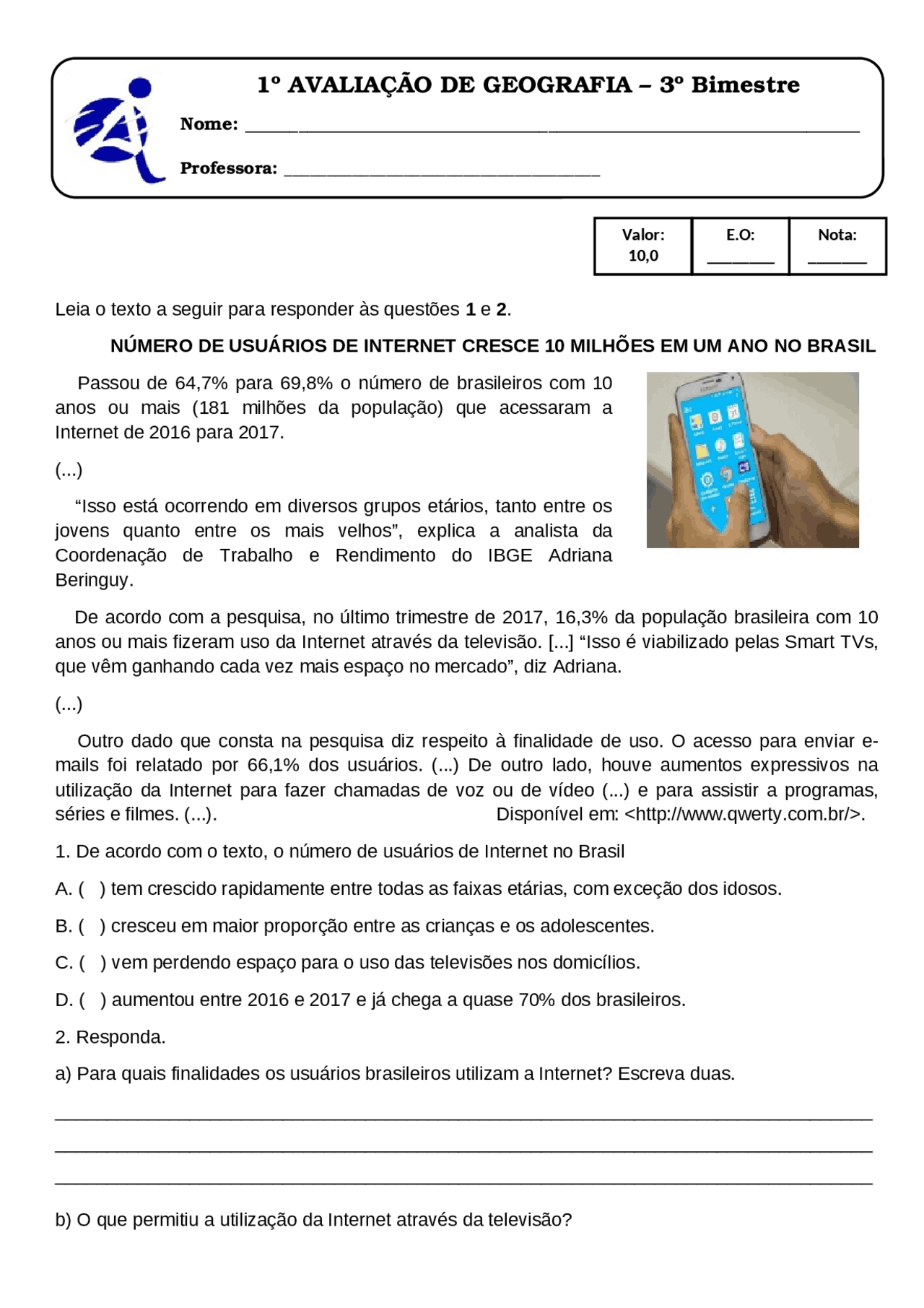 Avaliação De Geografia Docsity