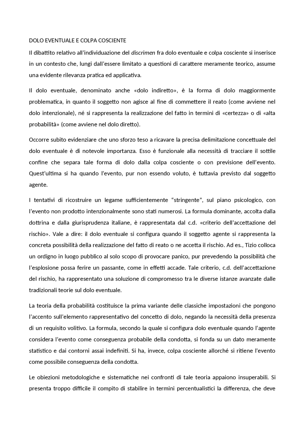 Dolo eventuale e colpa cosciente - Docsity