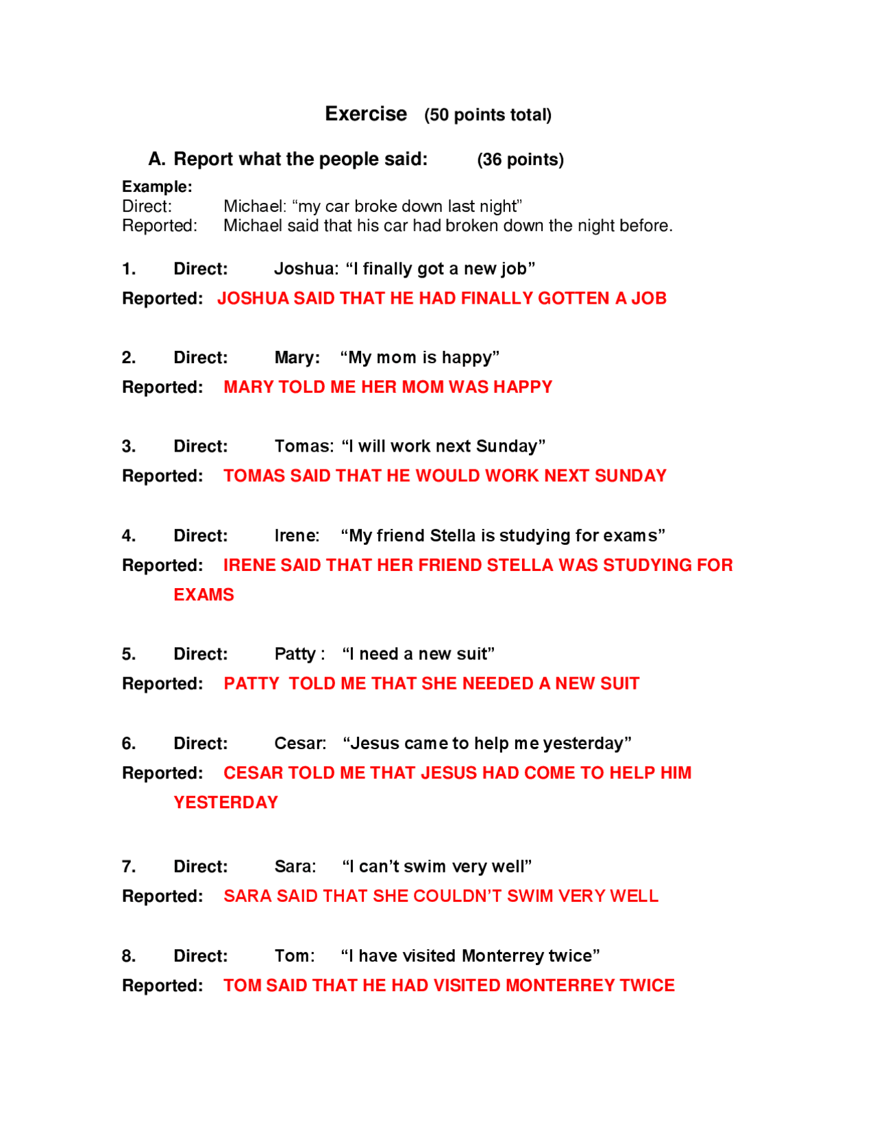 Exercises Reported Speech - Docsity