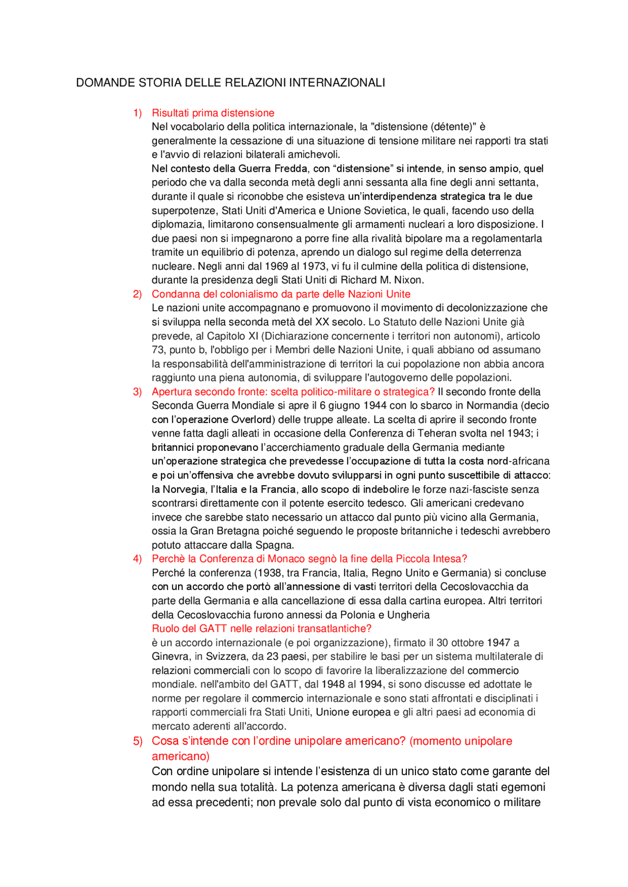 Domande Esame Storia Delle Relazioni Internazionali Docsity