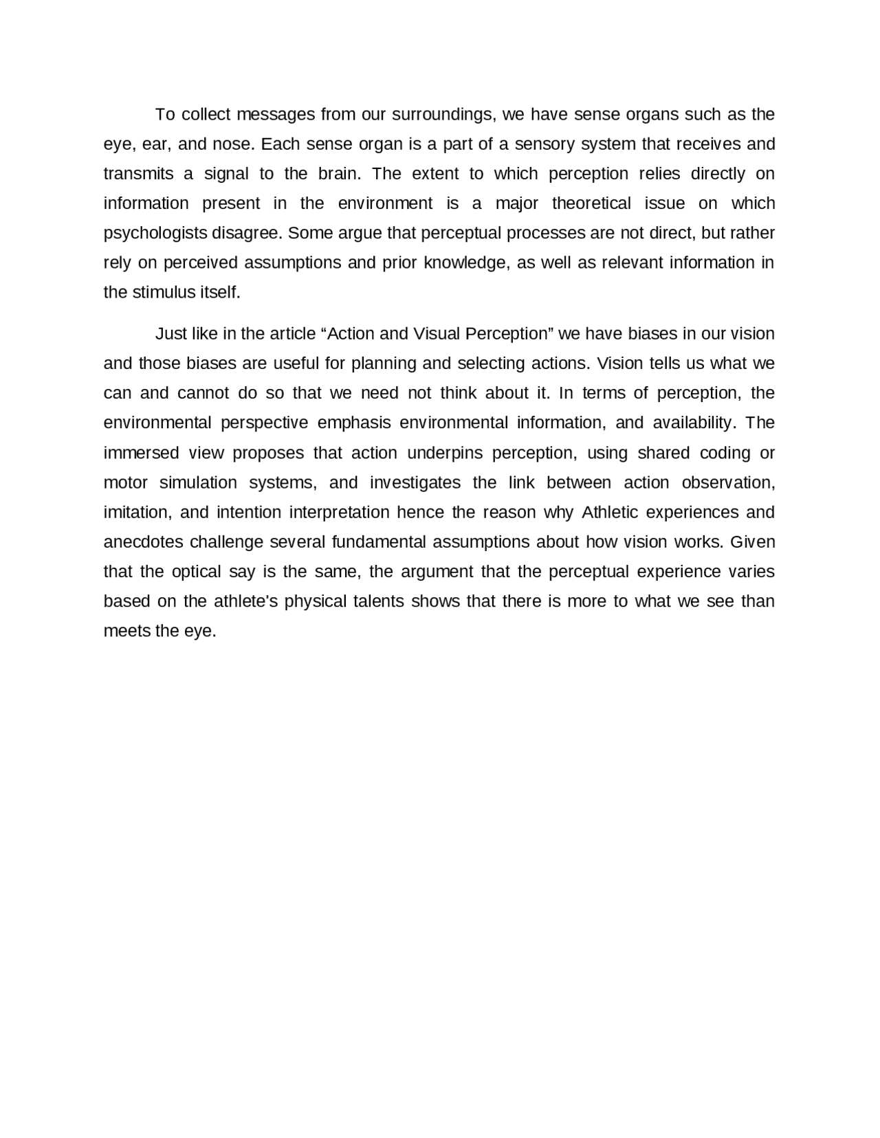 Action And Visual Perception Docsity