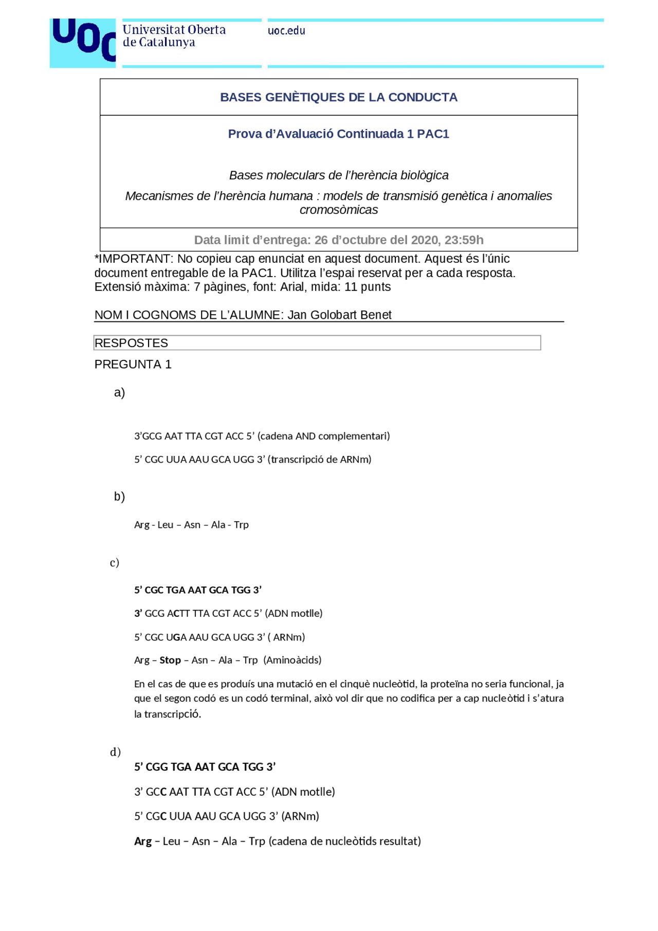Pac1 Bases Genetiques de la Conducta | Ejercicios de Genética Humana | Docsity