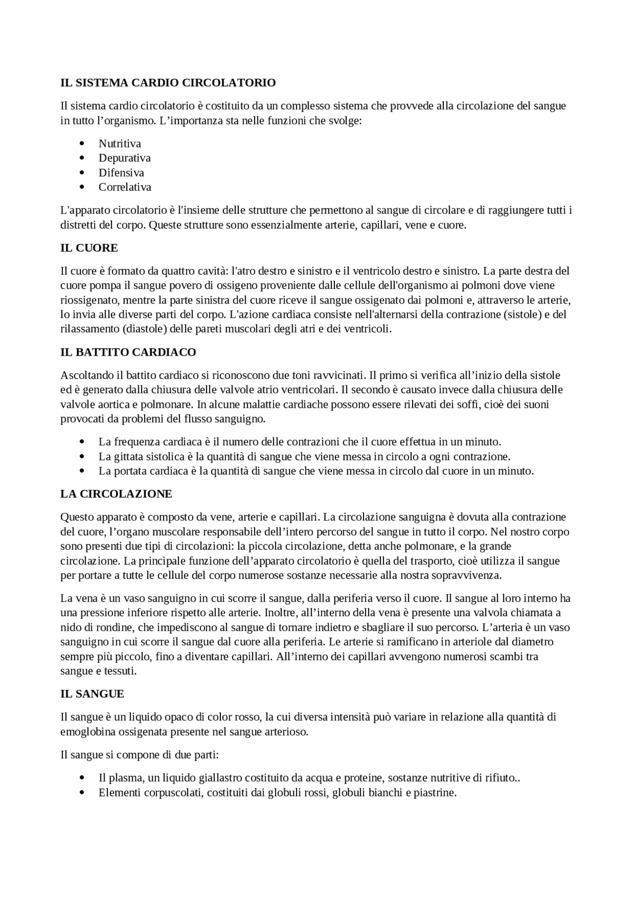 Il Sistema Cardio Circolatorio Docsity