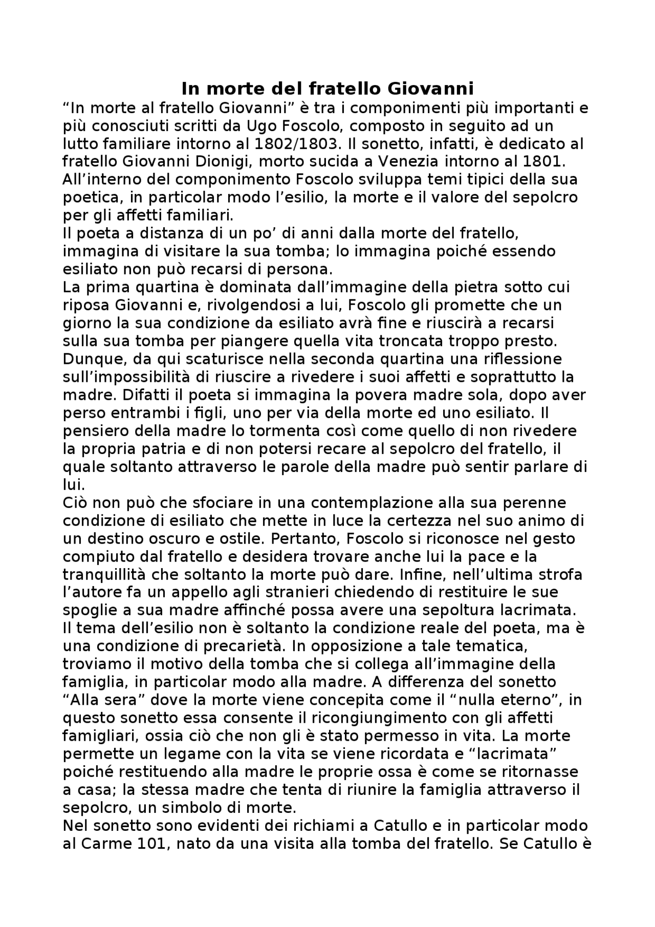 In Morte Del Fratello Giovanni Ugo Foscolo Docsity