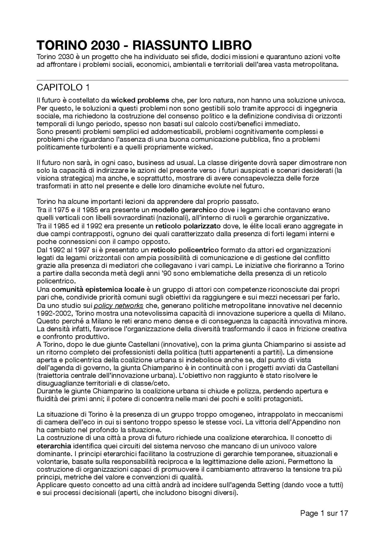 Riassunto Libro Torino 2030 Docsity