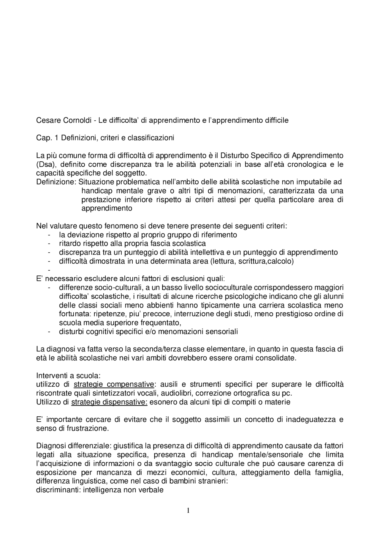 Difficoltà E Disturbi Di Apprendimento Cornoldi Docsity