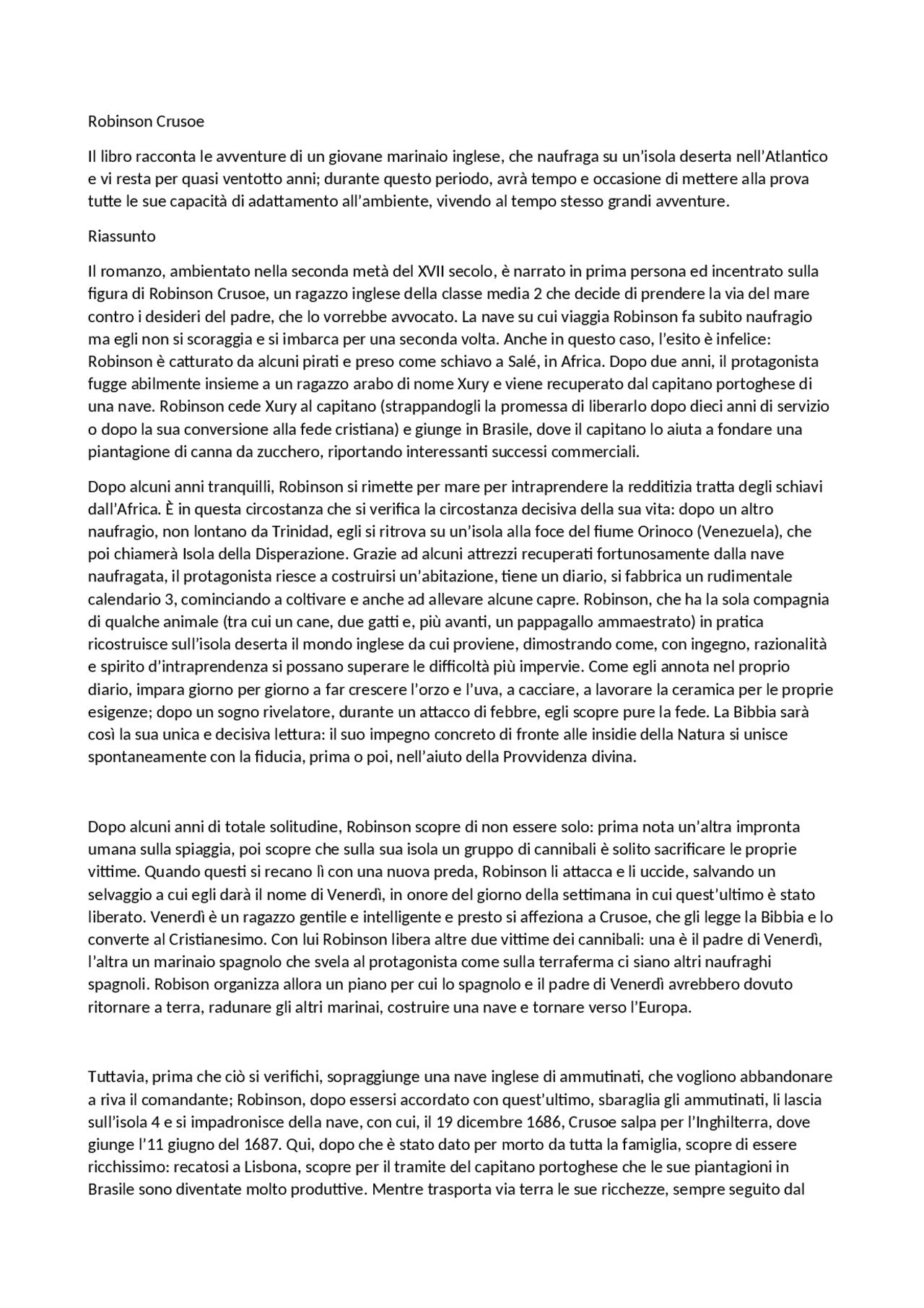 Trama Generale Robinson Crouse Docsity