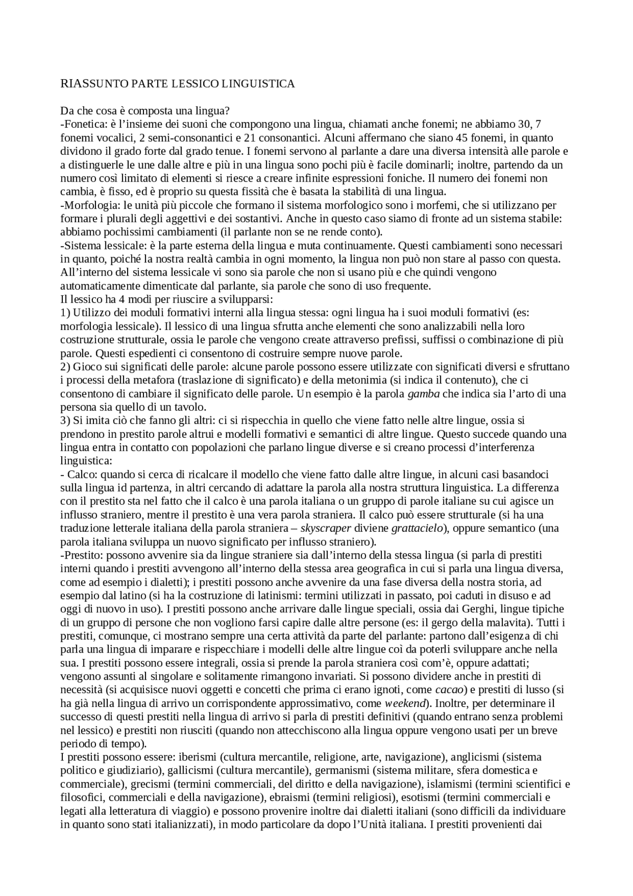 Riassunto Parte Sul Lessico Docsity