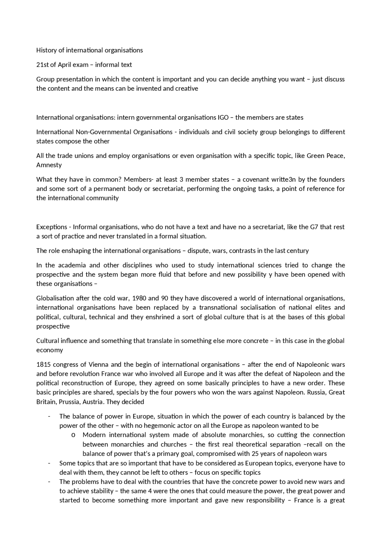 Notes - history of international organisations - Docsity