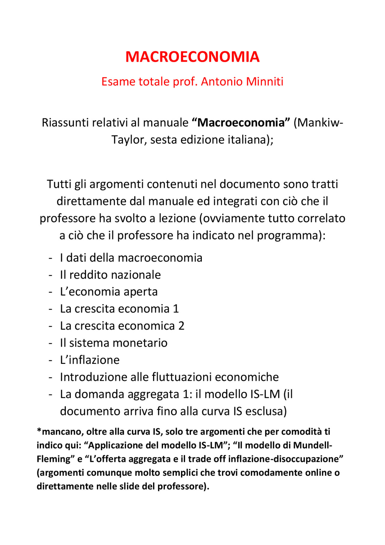 Riassunti Di Macroeconomia Per Il Totale Docsity