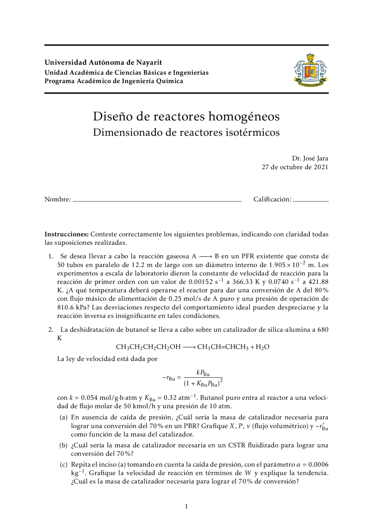 Examen Reactores Homogéneos Docsity