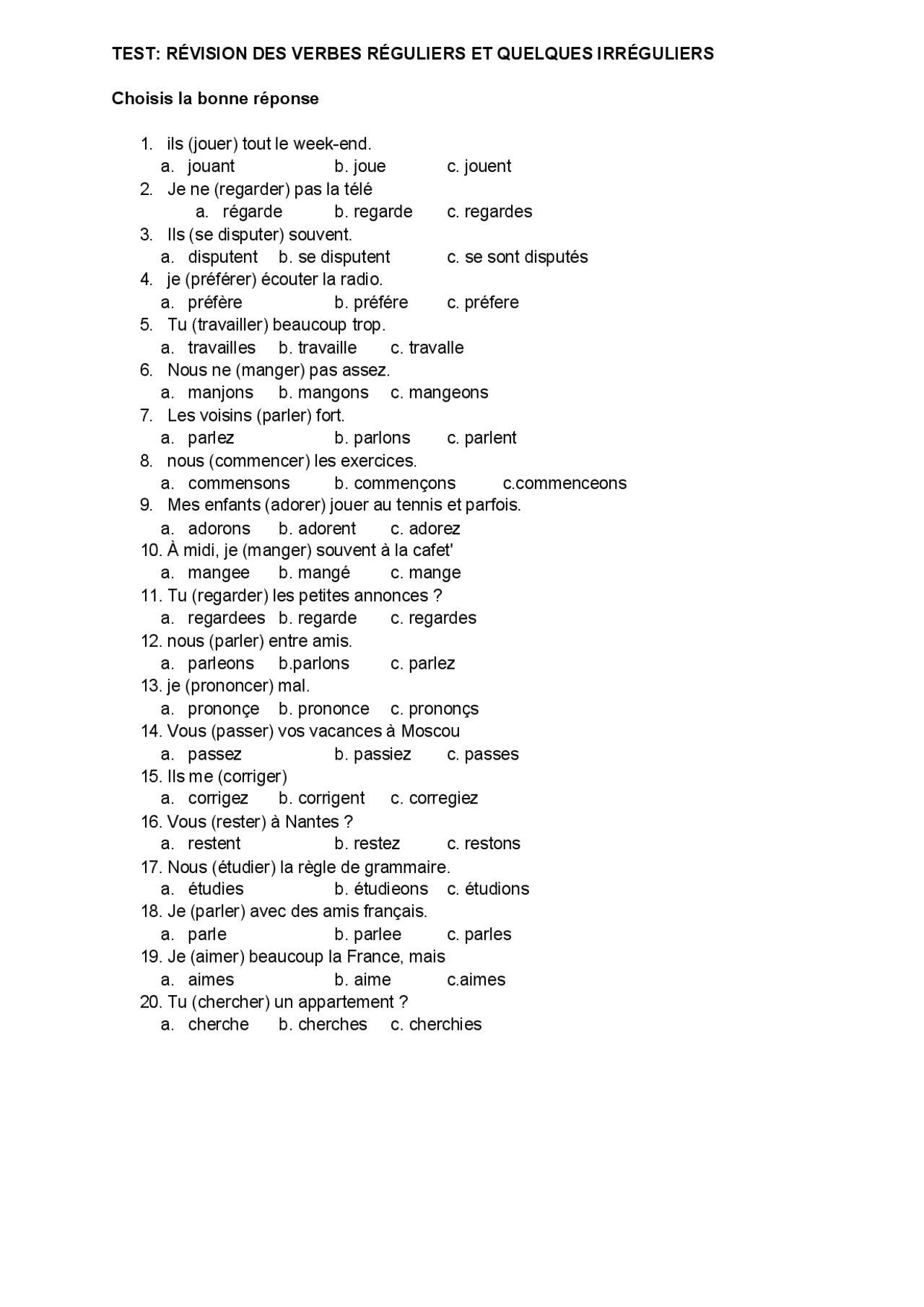 EXAMEN TIPO TEST DE VERBOS REGULARES E IMPERATIVO - Docsity