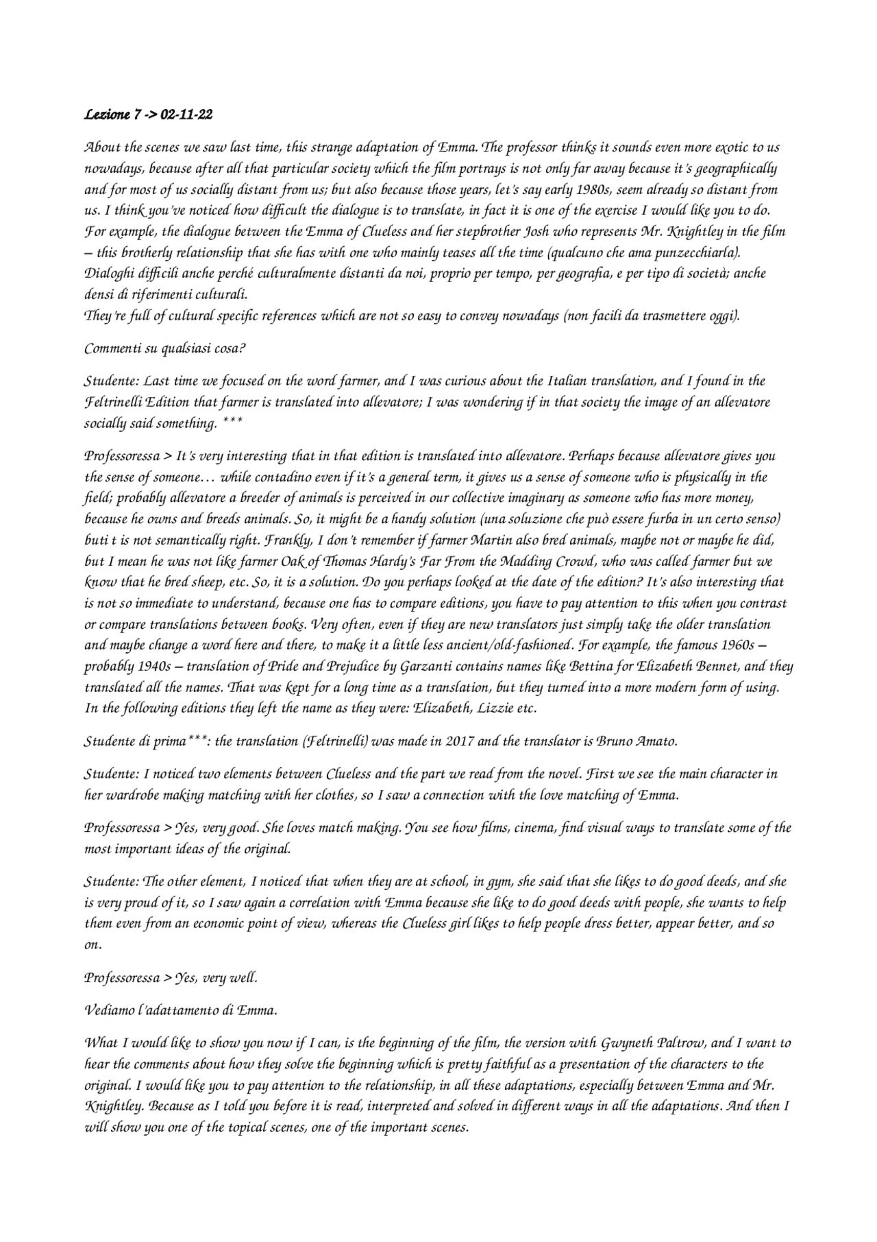 Settima lezione English translation advanced course 02/11/20 - Docsity