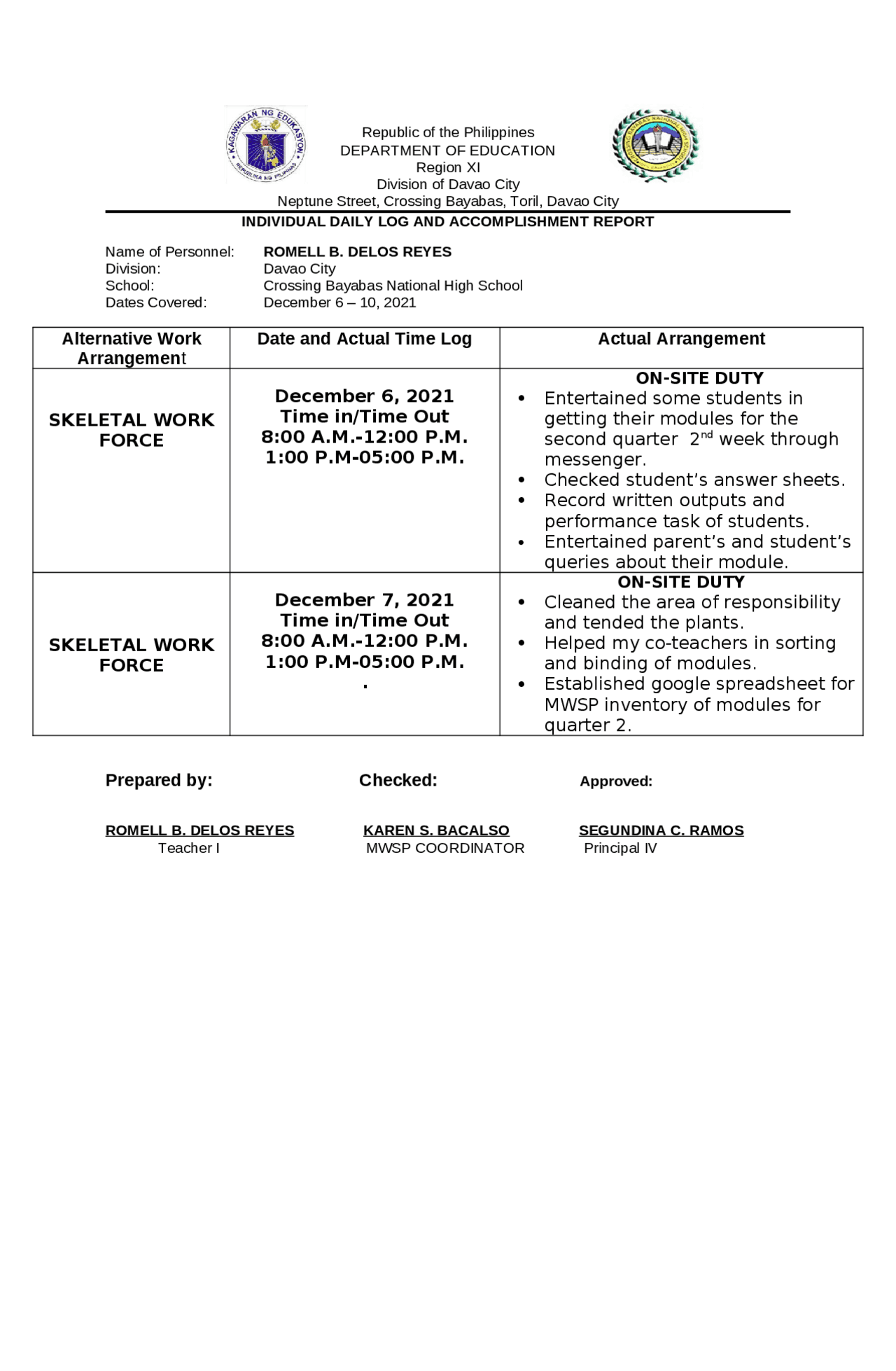Individual Daily Log and Reports - Docsity