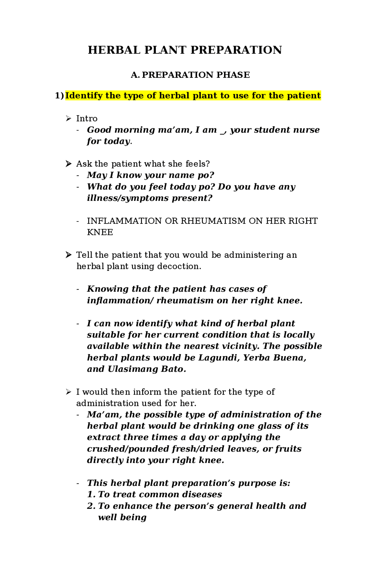 HERBAL PLANT PROCEDURE - Docsity