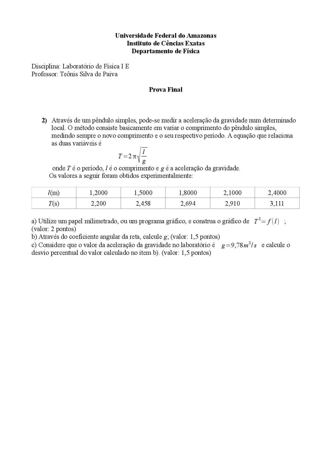 Prova Final de Lab de Física - Docsity