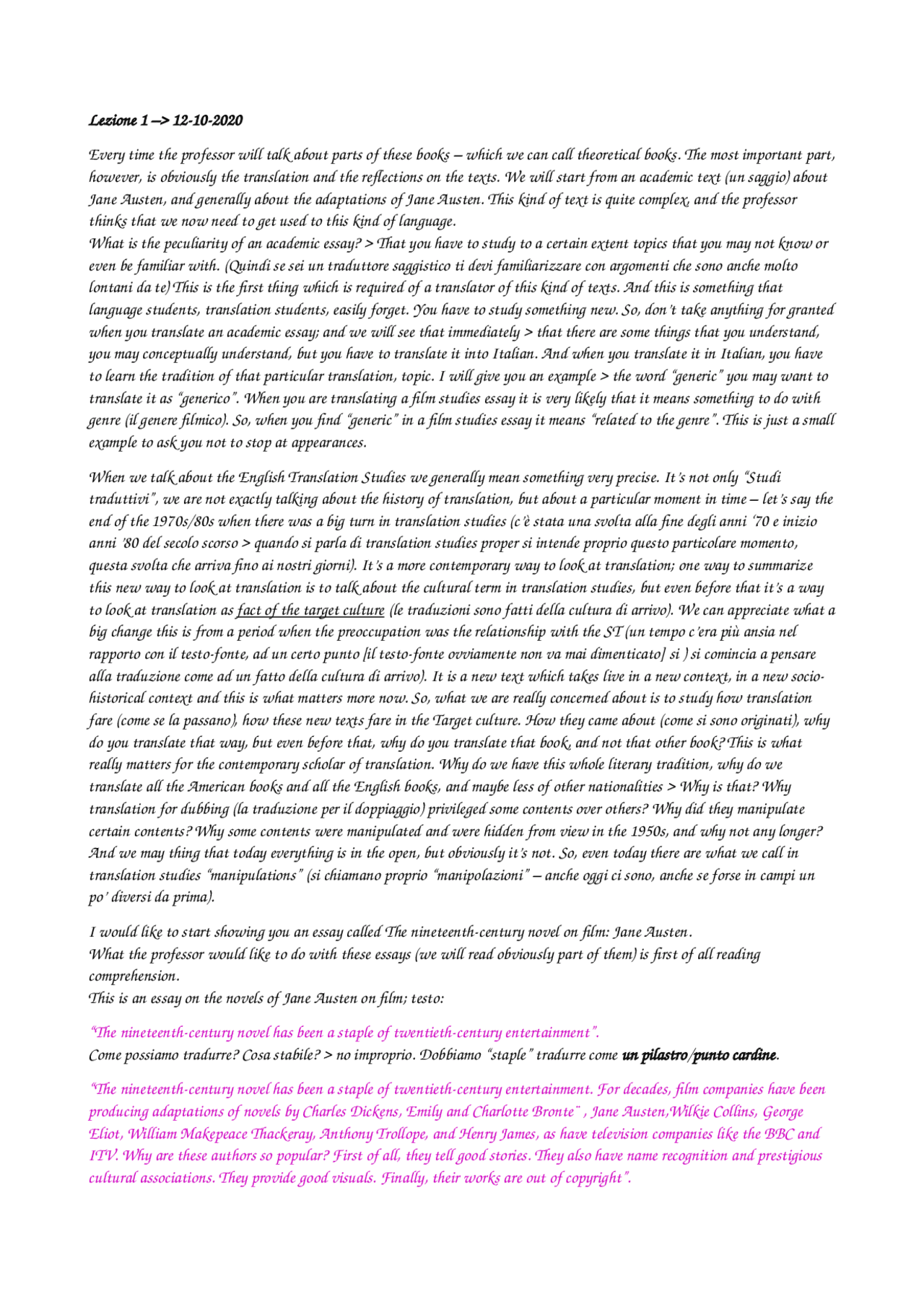 Prima lezione English Translation Advanced Course 12/10/20 - Docsity