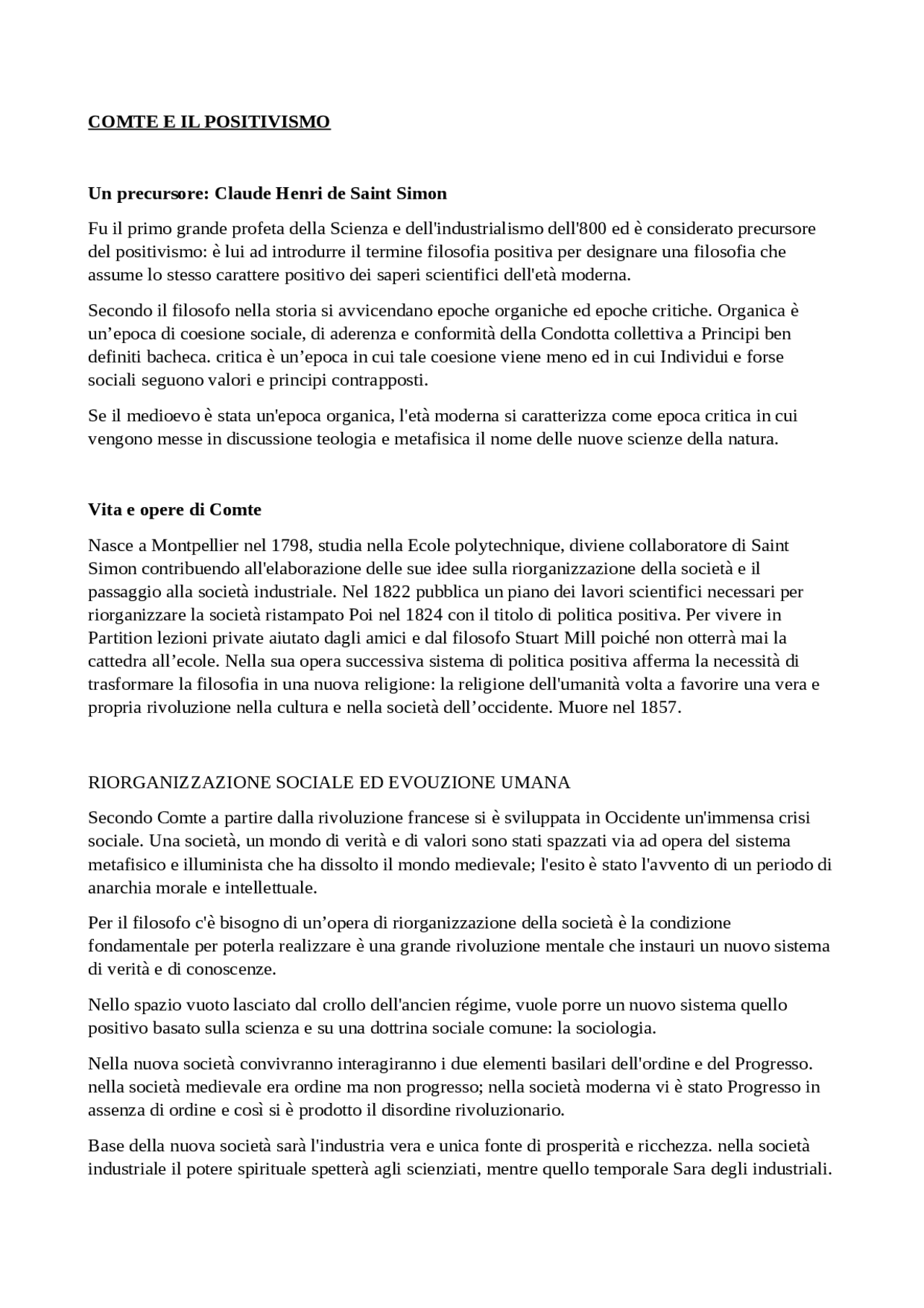 Riassunto Comte E Positivismo Docsity