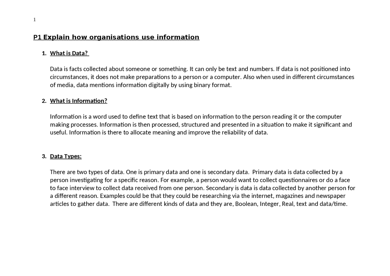 P1 and P2 UNIT 3 Information systems - Docsity