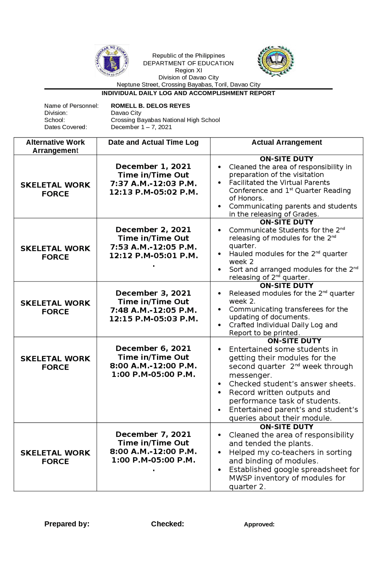 Individual Daily Log and Reports - Docsity