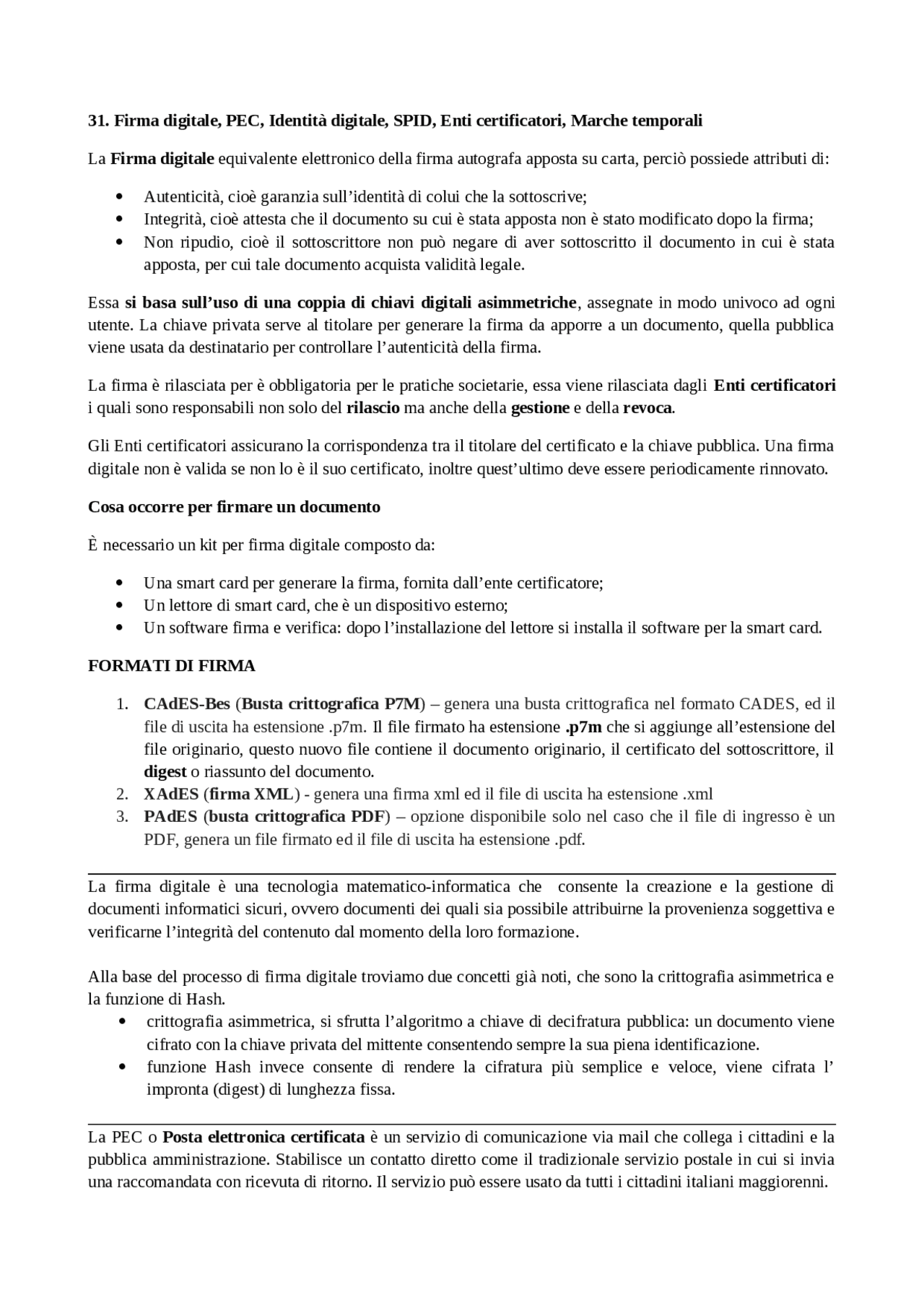 31. Firma dig, Pec, Identità dig, Spid, Enti cert, Marche temp - Docsity