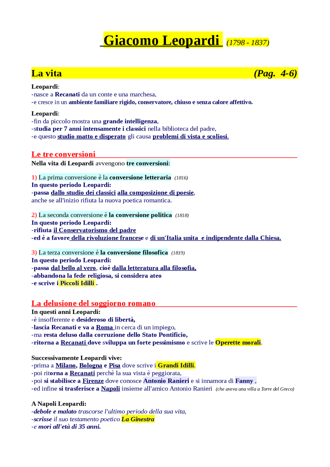 Sintesi Completa Di Giacomo Leopardi E Delle Relative Opere Docsity