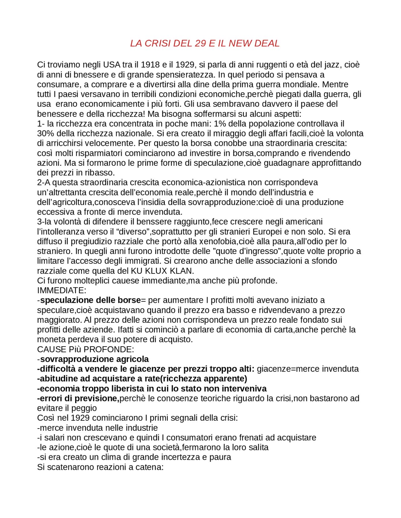 Appunti di storia sulla crisi del 29 - Docsity