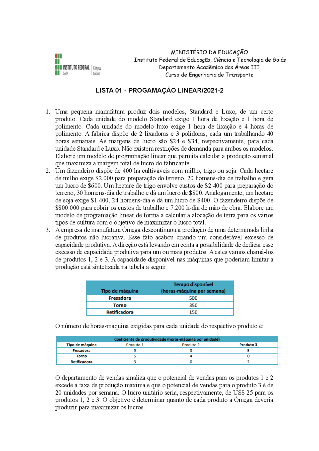 Lista Modelo De Programação Linear Docsity