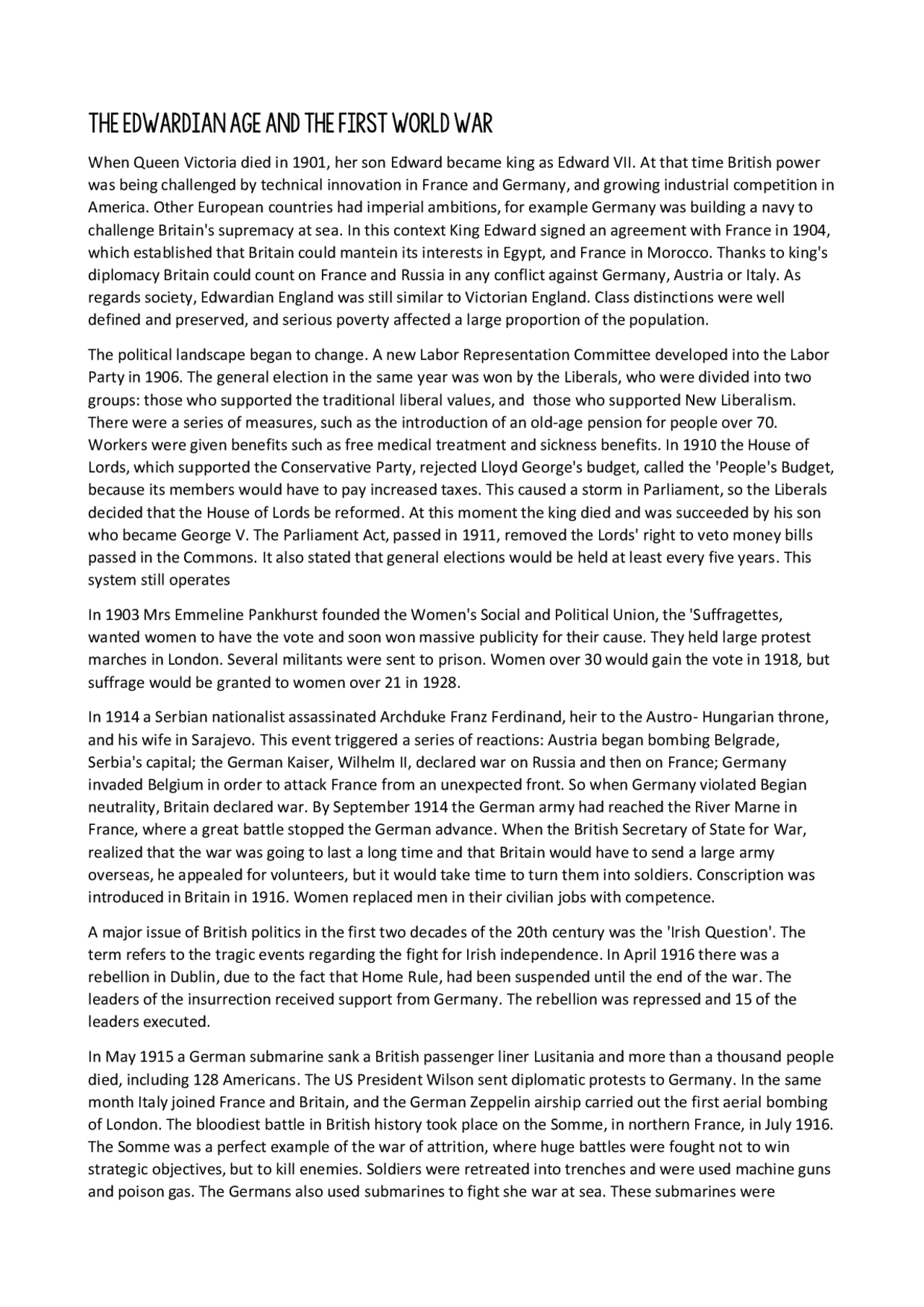 THE EDWARDIAN AGE AND THE FIRST WORLD WAR - Docsity