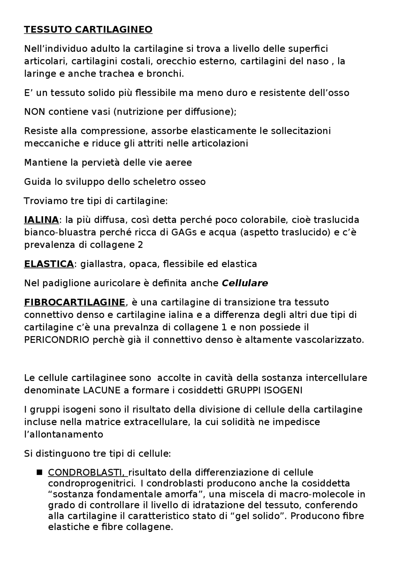 Riassunto Tessuto Cartilagineo Docsity