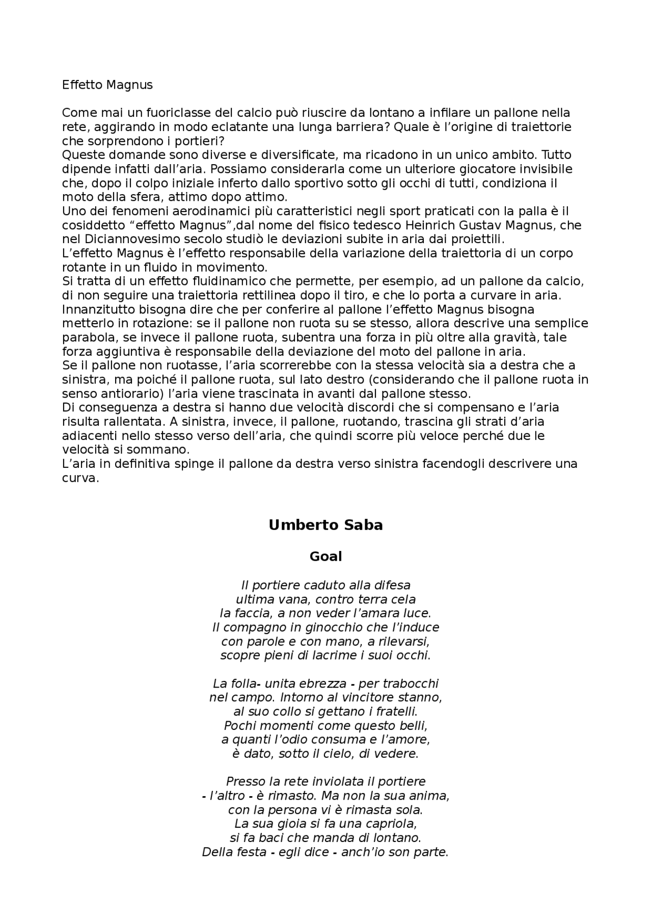 Tesina Effetto Magnus Fisica E Poesia Di Umberto Saba Guide