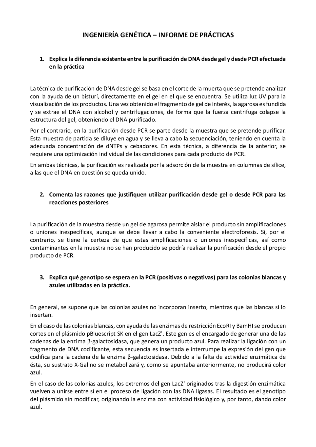 Informe de prácticas de ingeniería genética - Docsity